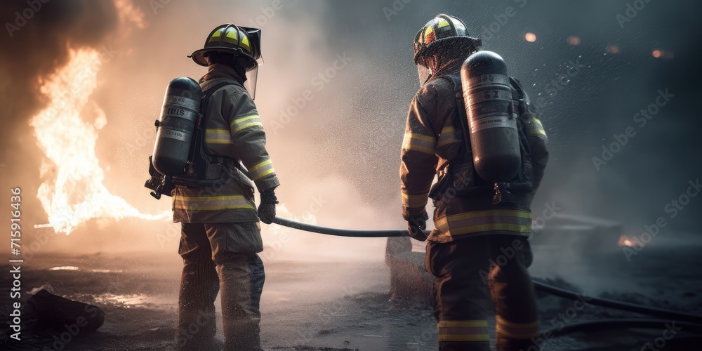 Strong and brave firefighters extinguish a fire. Generative AI ...