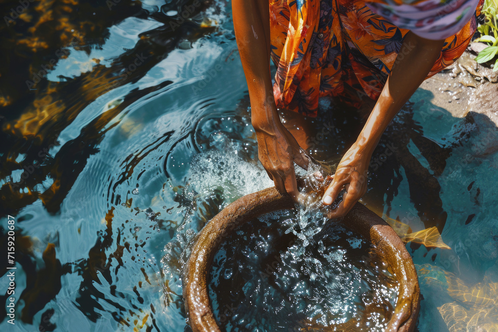 Top view of a woman's hands collecting water in a bucket in the river ...