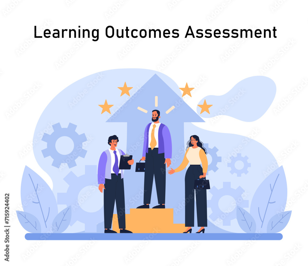 Evaluators celebrate a successful learning outcomes assessment. With gleaming stars and ...