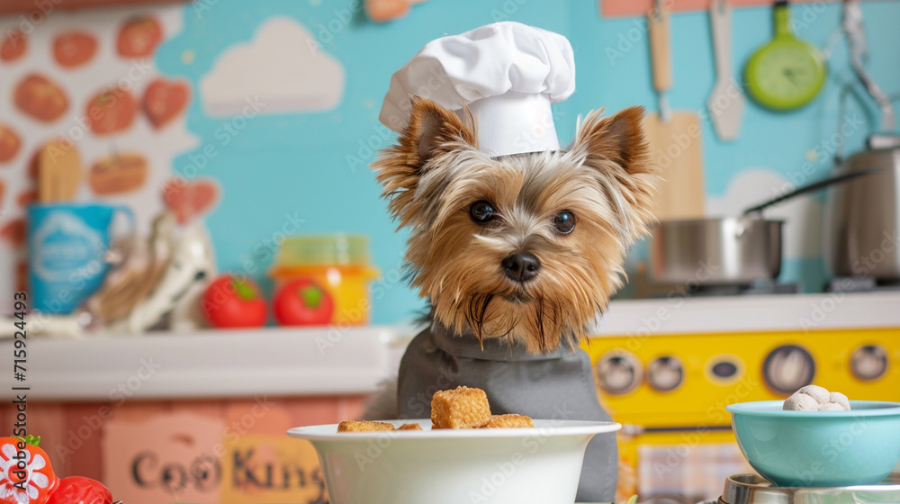 A fluffy Yorkie donning a chef's hat and apron, "cooking" in a toy ...