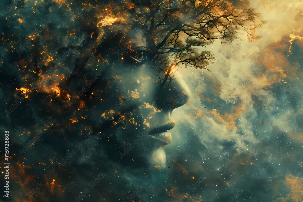 In this striking painting, a woman's face is beautifully intertwined ...