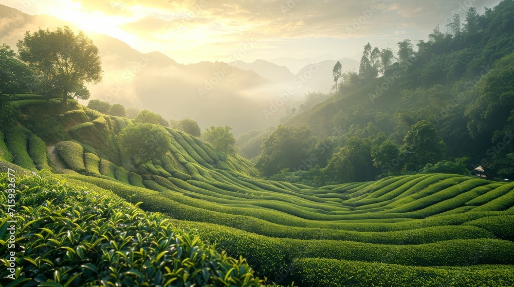 Terraced tea fields at dawn with soft light. Tea Plantation. Perfect ...