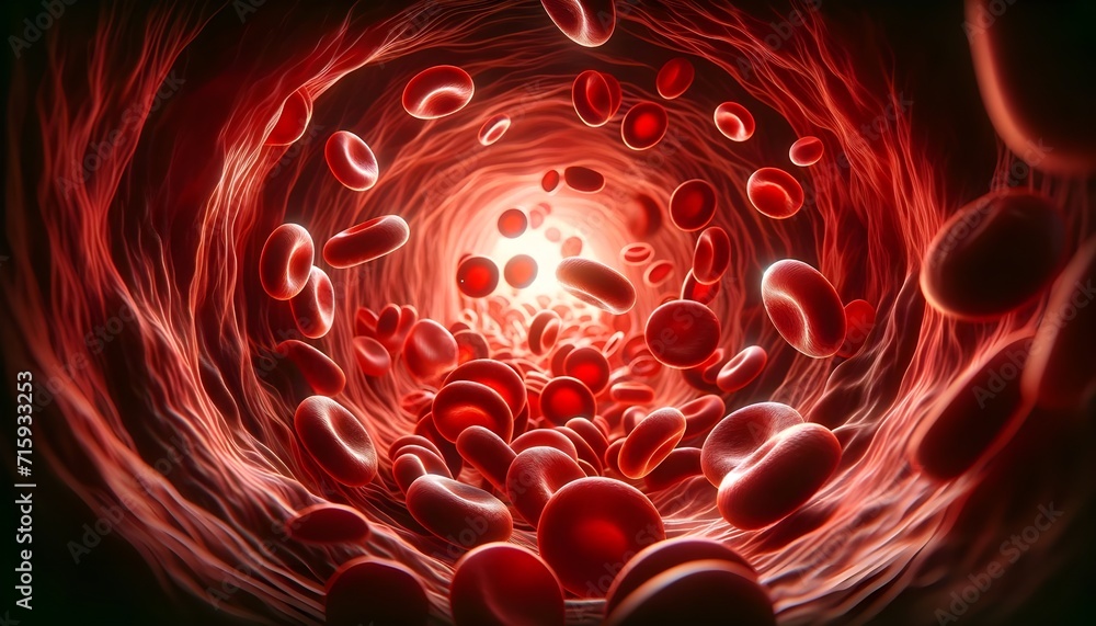 A close-up view inside a blood vessel showcasing red blood cells ...