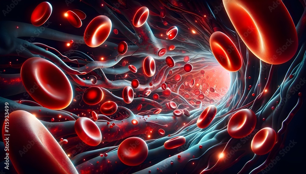 A digital illustration depicts red blood cells flowing through a blood ...