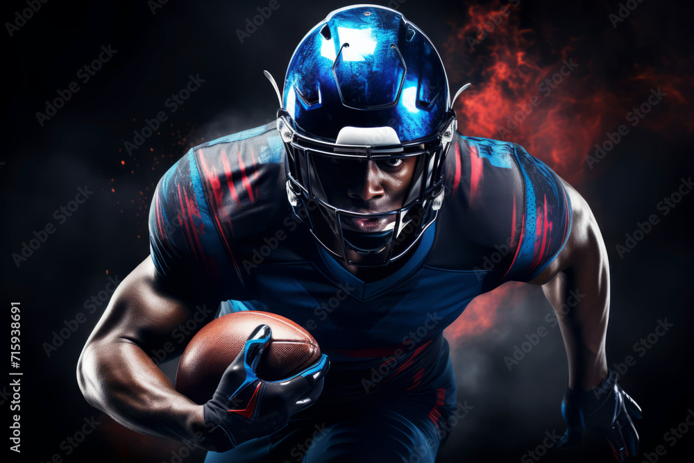 Portrait of American football player running with the ball. Muscular ...