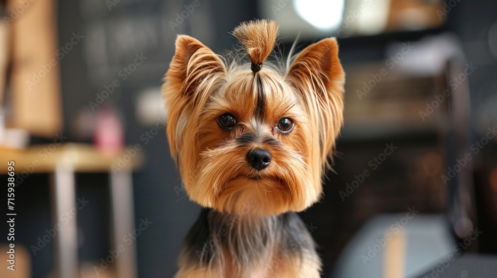 A Yorkie undergoing a stylish grooming session, with a skilled groomer ...
