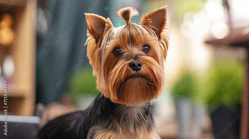A Yorkie undergoing a stylish grooming session, with a skilled groomer ...