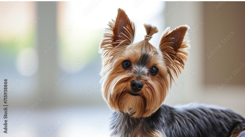 A Yorkie displaying a creative and asymmetrical haircut that adds a ...