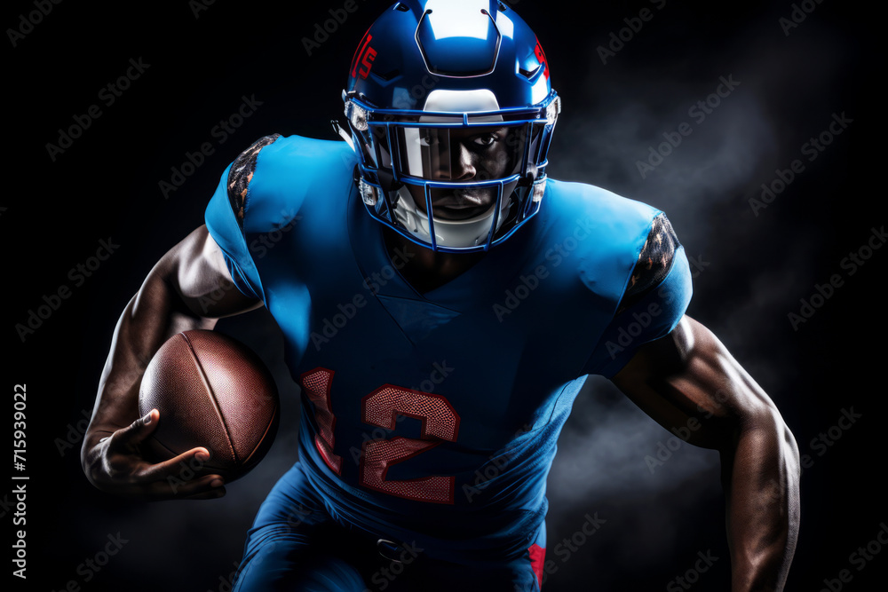 Portrait of American football player running with the ball. Muscular ...