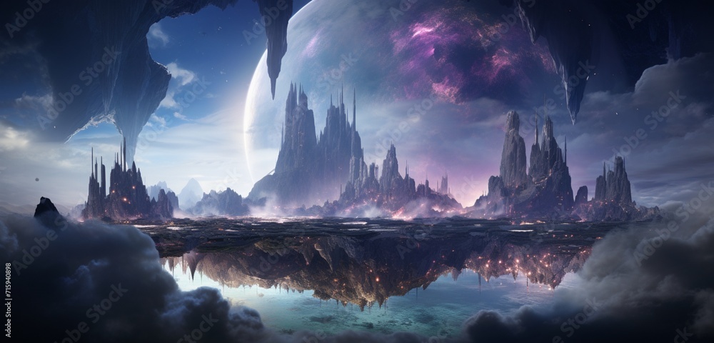 Surreal floating islands, resembling colossal geodes with intricate ...