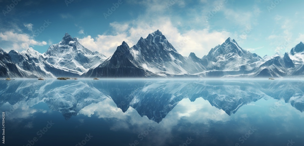 Surreal inverted mountain range surrounding an impeccably detailed lake ...