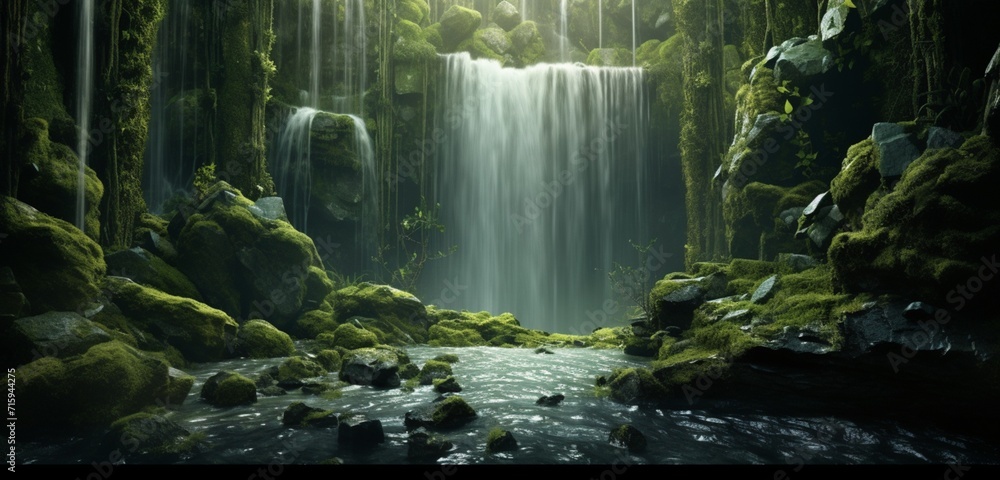 Surreal waterfall defying gravity, flowing upwards into a floating lake ...