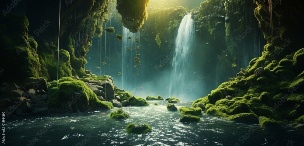 Surreal waterfall defying gravity, flowing upwards into a floating lake ...