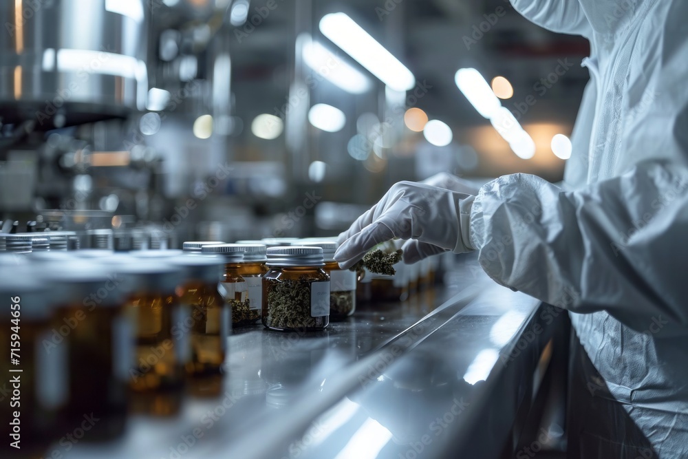 Modern hemp processing facility where an employee in a clean suit ...