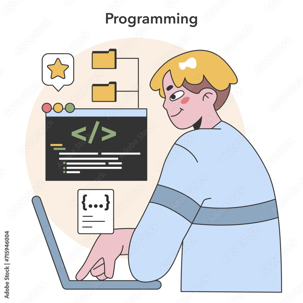 Programming essentials concept. Focused developer coding on laptop with ... Programming essentials concept. Focused developer coding on laptop with ...