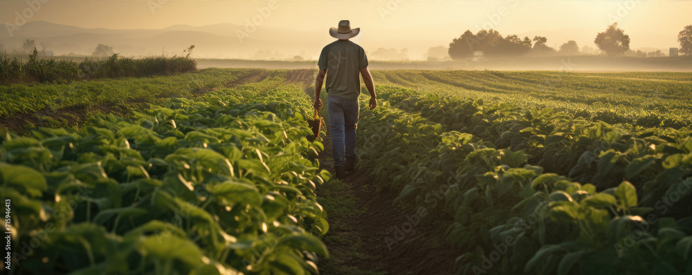 Happy farmer walk in green field. Farm plant checking quality. Stock ...