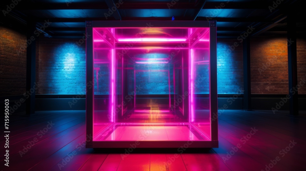 Glowing glass box filled with iridescent neon light standing in dark ...