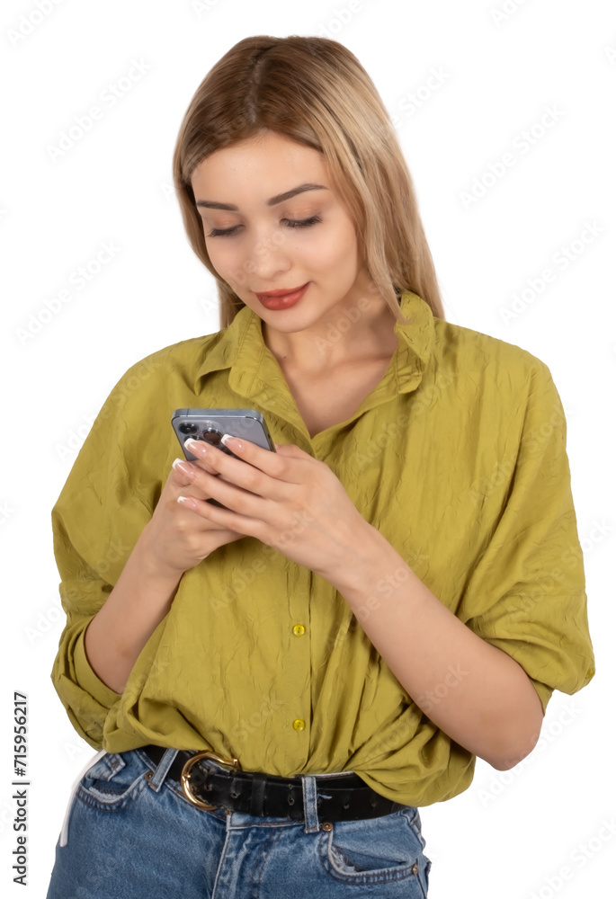 Typing message on mobile phone, portrait of young caucasian blonde ...