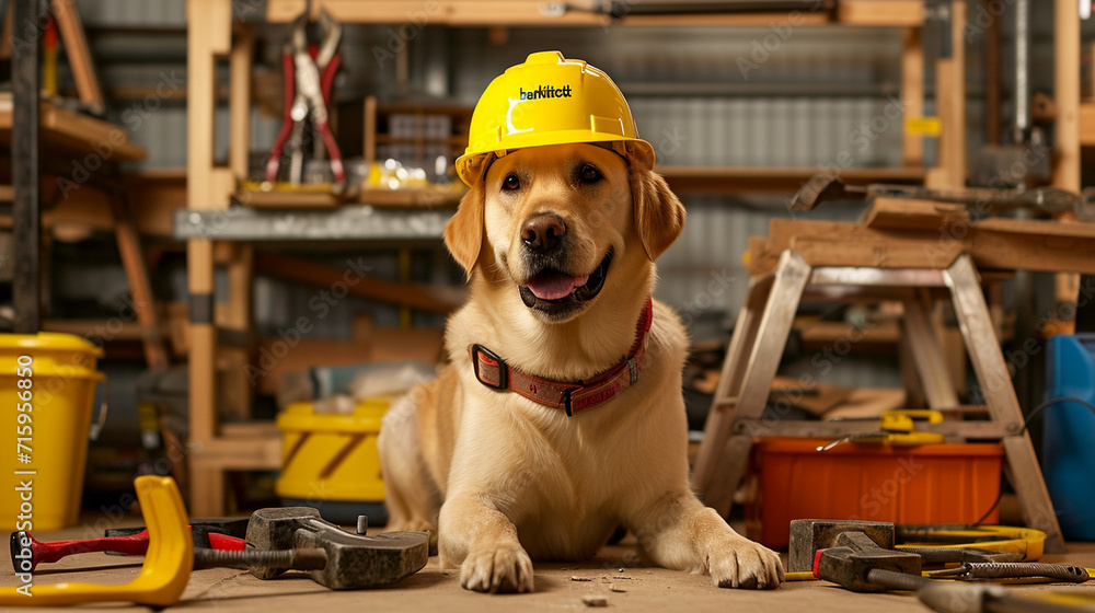 An amusing Labrador Retriever dressed as a "barkitect" with a hard hat ...