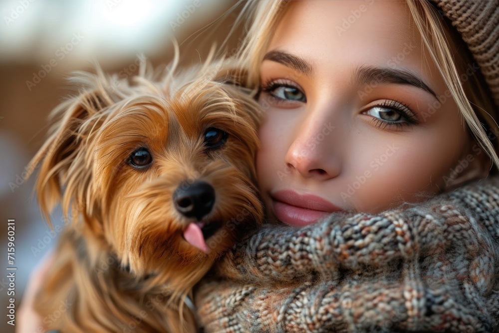 A beautiful woman and her loyal dog, a fluffy brown breed, share an ...