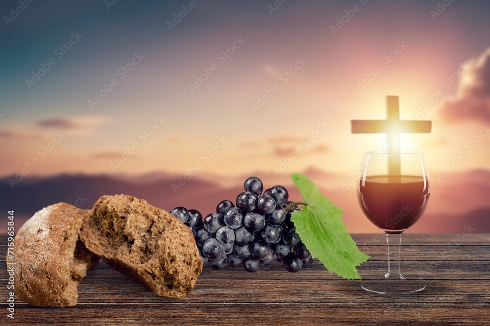 Holy Communion of Jesus Christ. Bread, wine, and the cross. Stock Photo ...