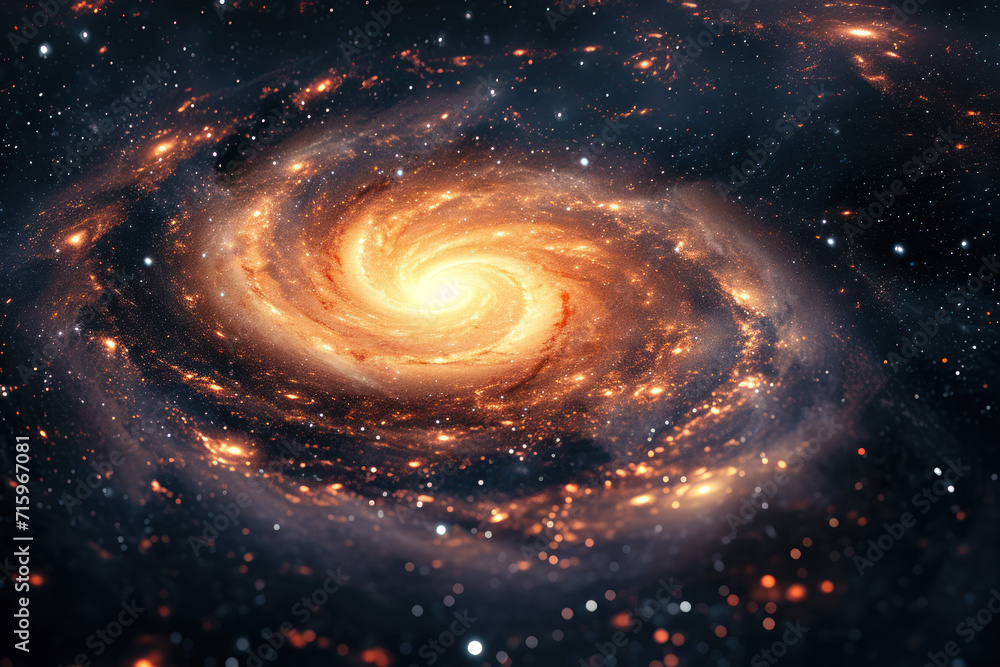 Galaxy, space and spiral solar system in universe on black background ...