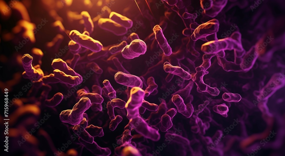 Numerous pinkish-purple bacteria float in a sea of darkness, creating a ...