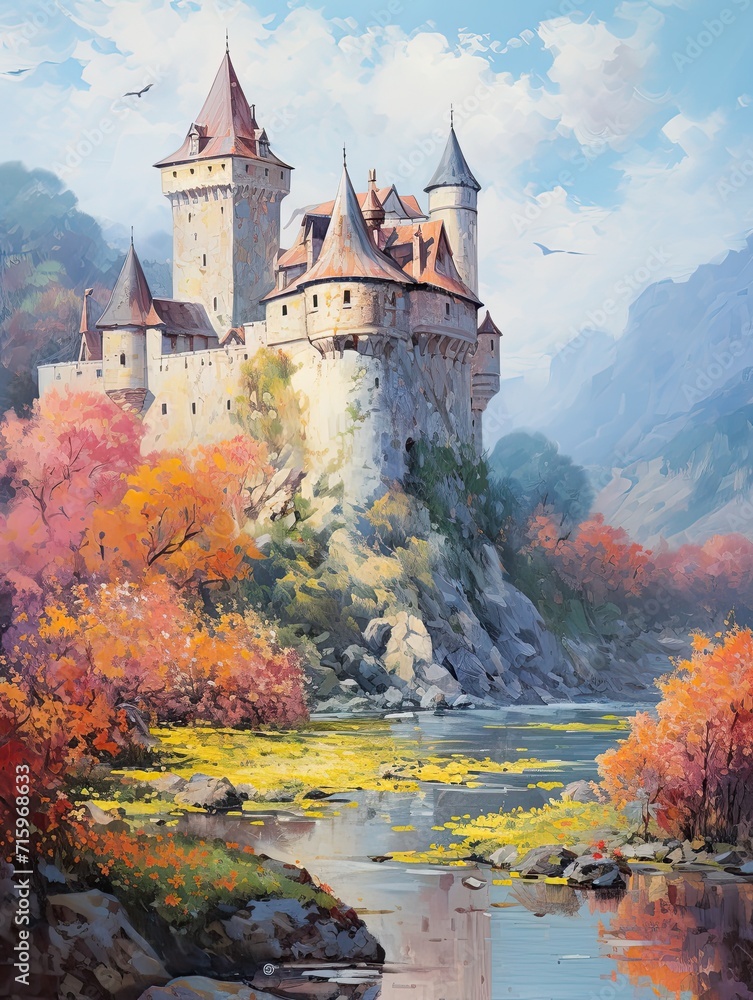 Grand Medieval Castles Riverside Painting: Castle by the River - Scenic ...