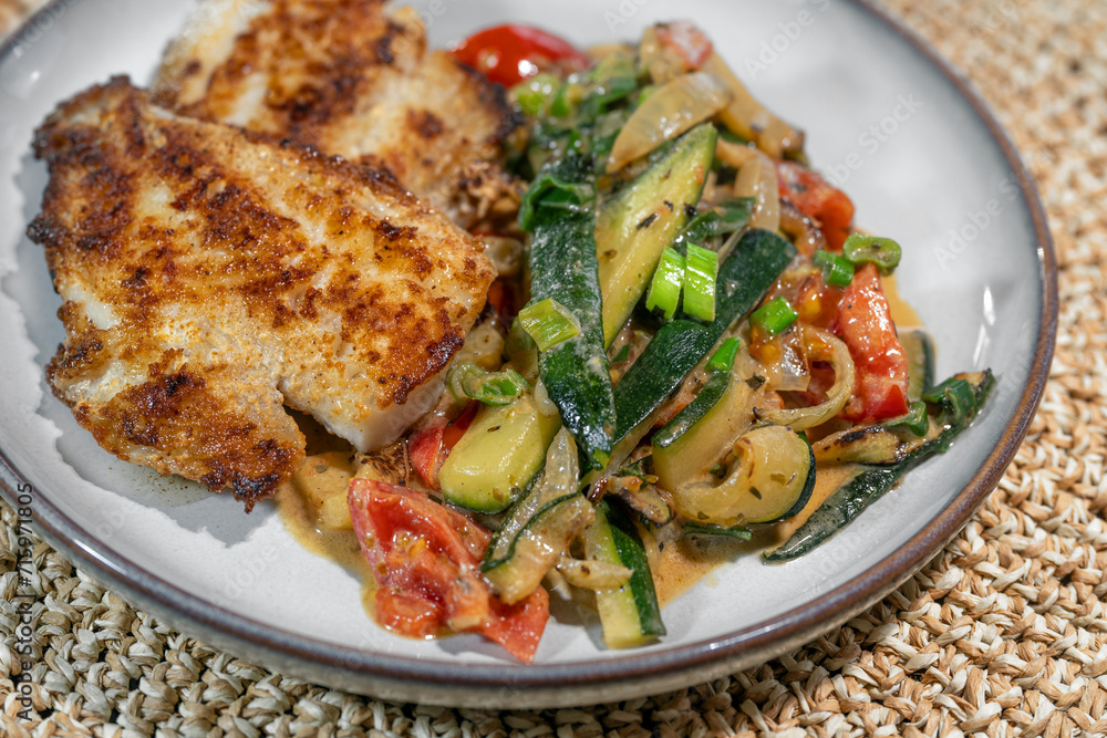 Healthy fish dish of fried redfish fillet with Mediterranean vegetables ...