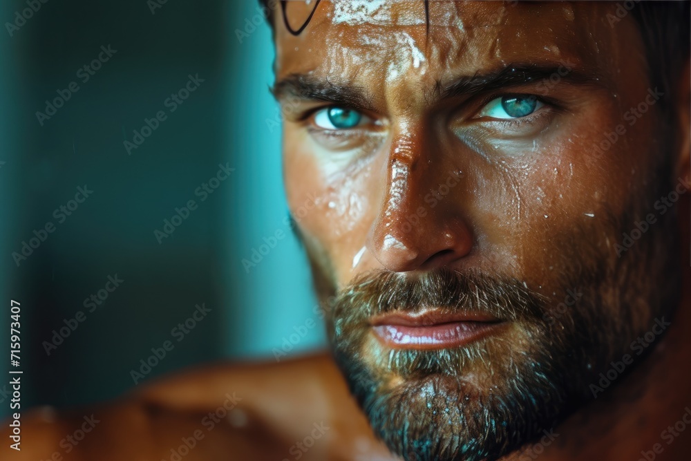 A rugged man with a glistening face and strong features gazes intensely ...