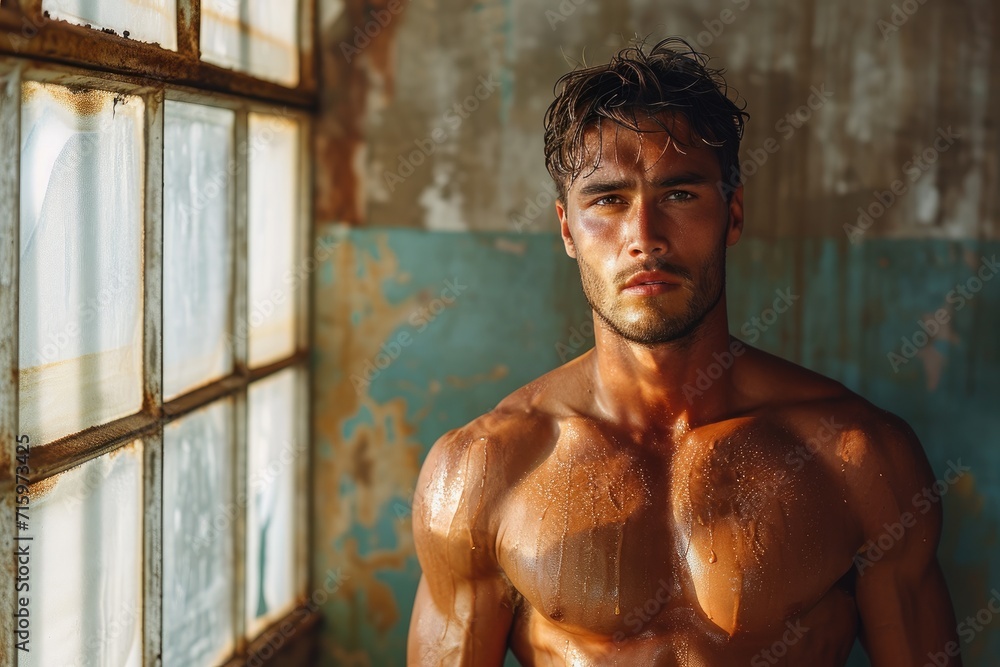 A rugged man with a dripping mane and unkempt beard stands barechested ...