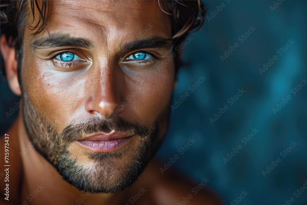A rugged male portrait captures the intense gaze of a man with piercing ...