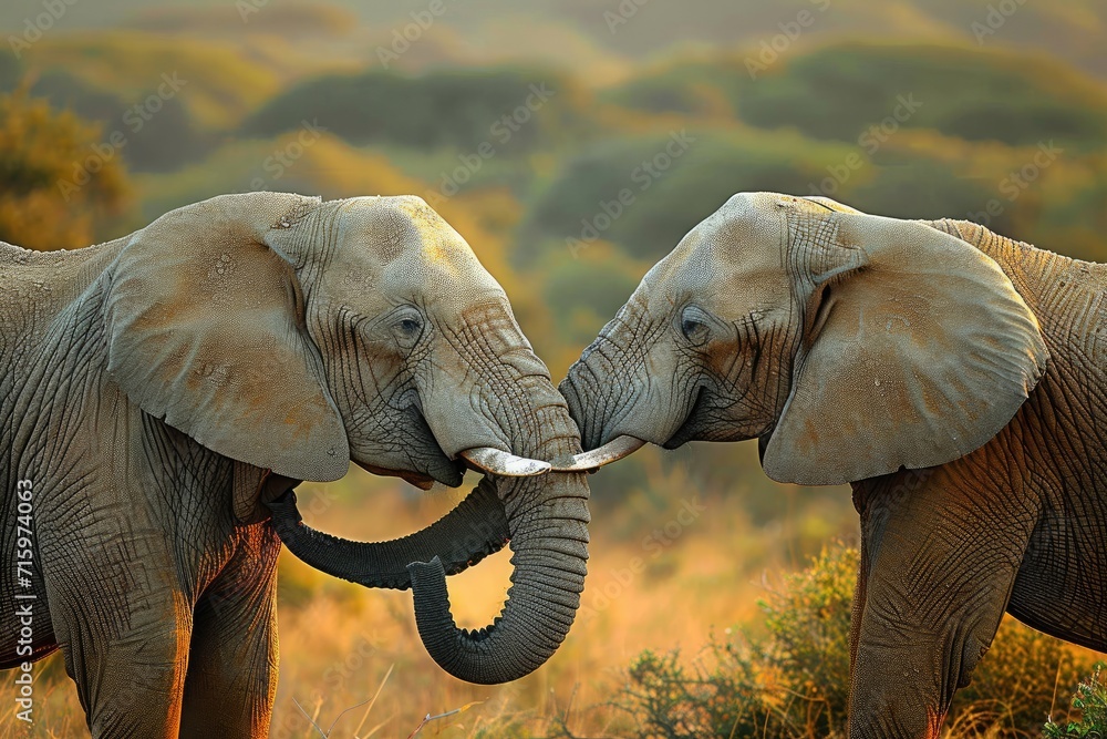 Foto de Two majestic elephants share a tender moment in the wild, their ...