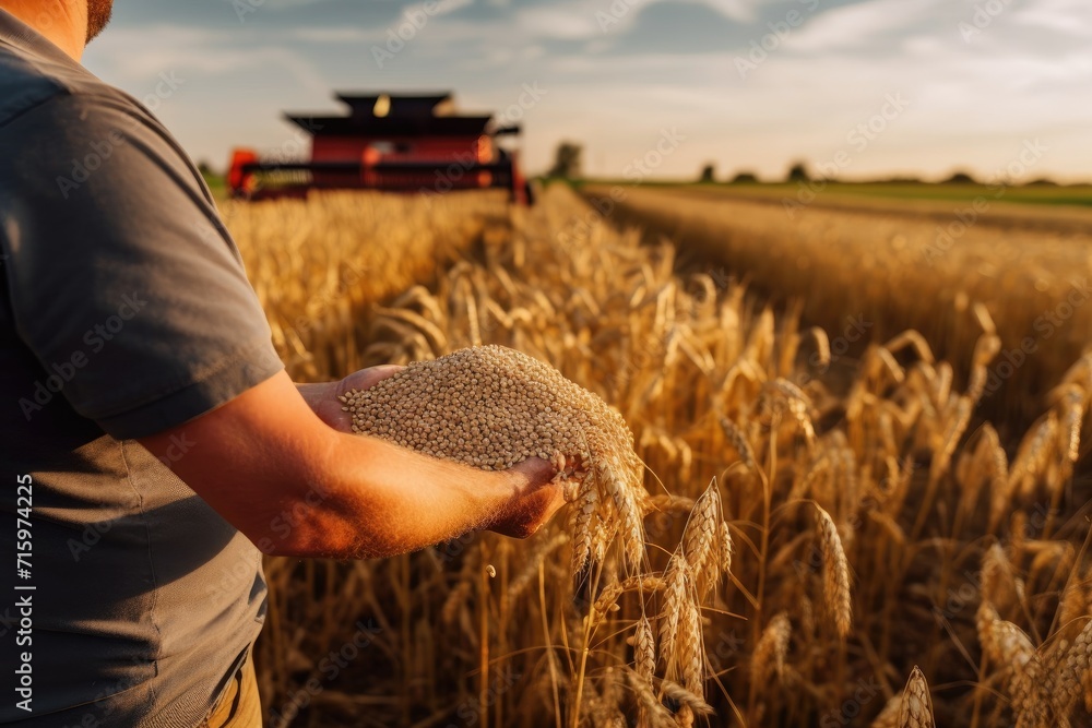 Amidst the golden sea of wheat, a farmer stands proudly with his cash ...