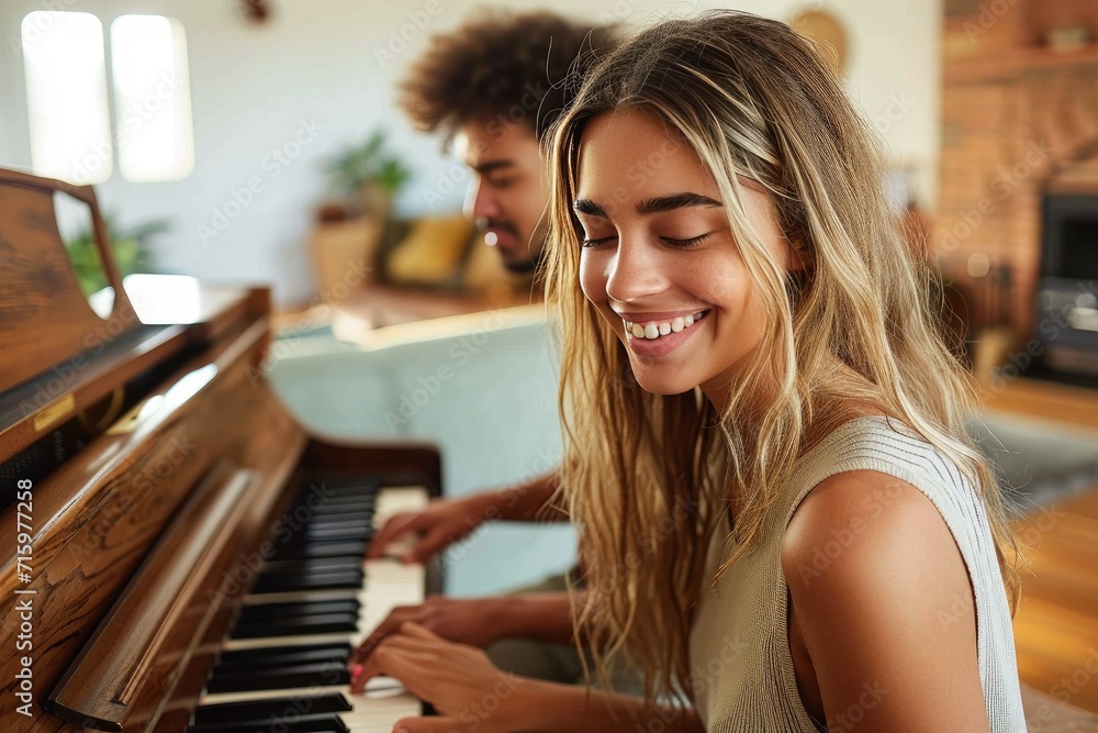 A talented pianist, lost in the melodies of her spinet, graces the room ...