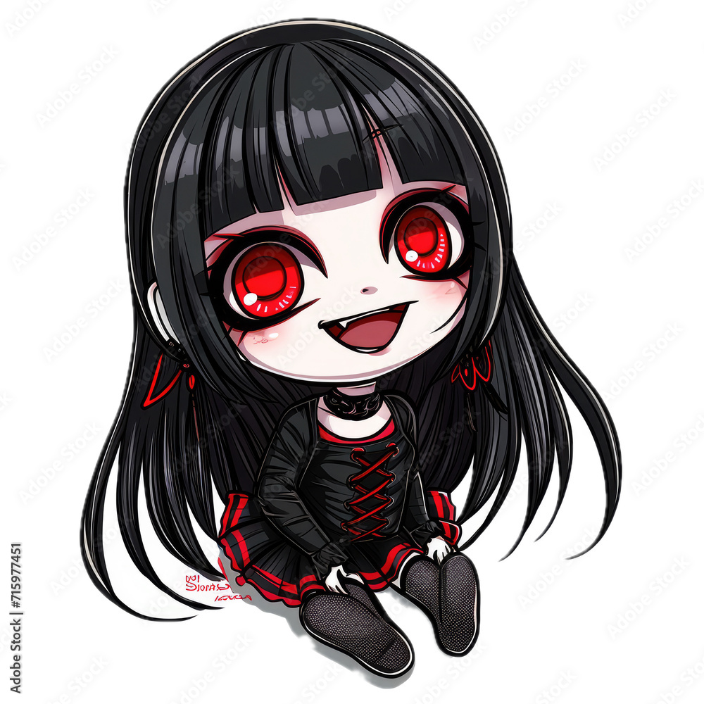 Cute Chibi Goth Girl with Bright Red Eyes on Transparent Background ...
