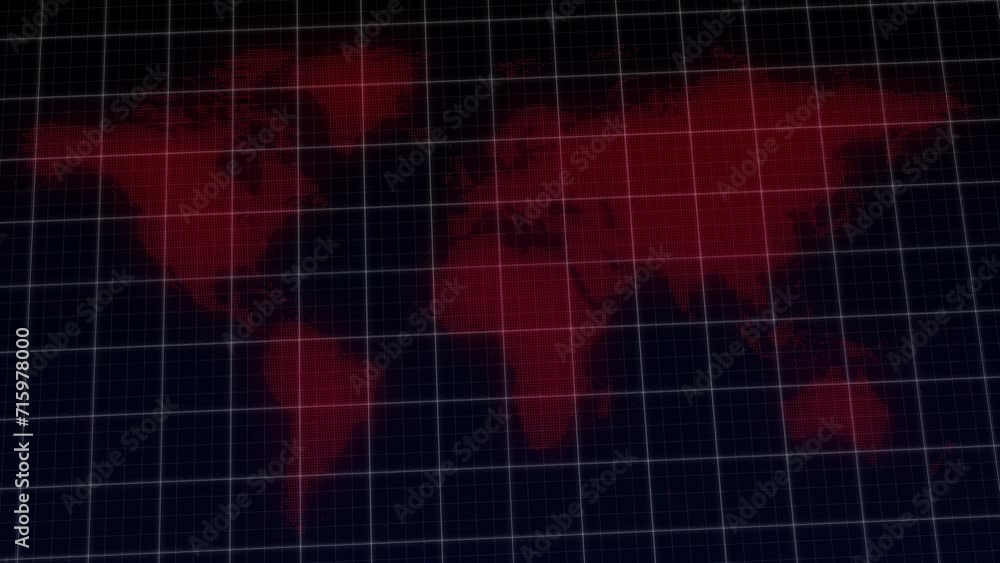 Technological dotted world map with red particles and futuristic grid ...
