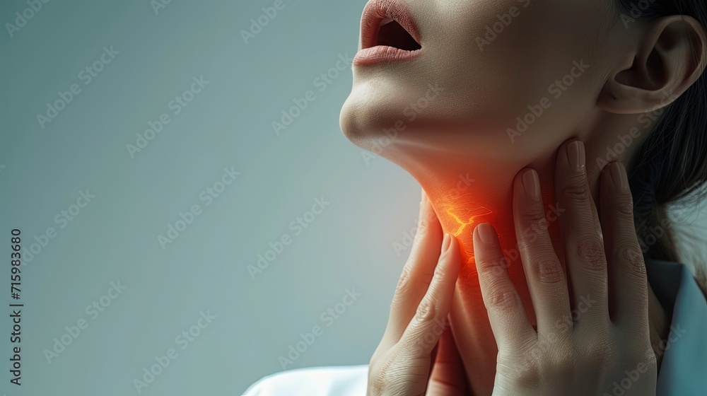 Woman holding on to sore throat, lesion in tonsils, throat disease ...