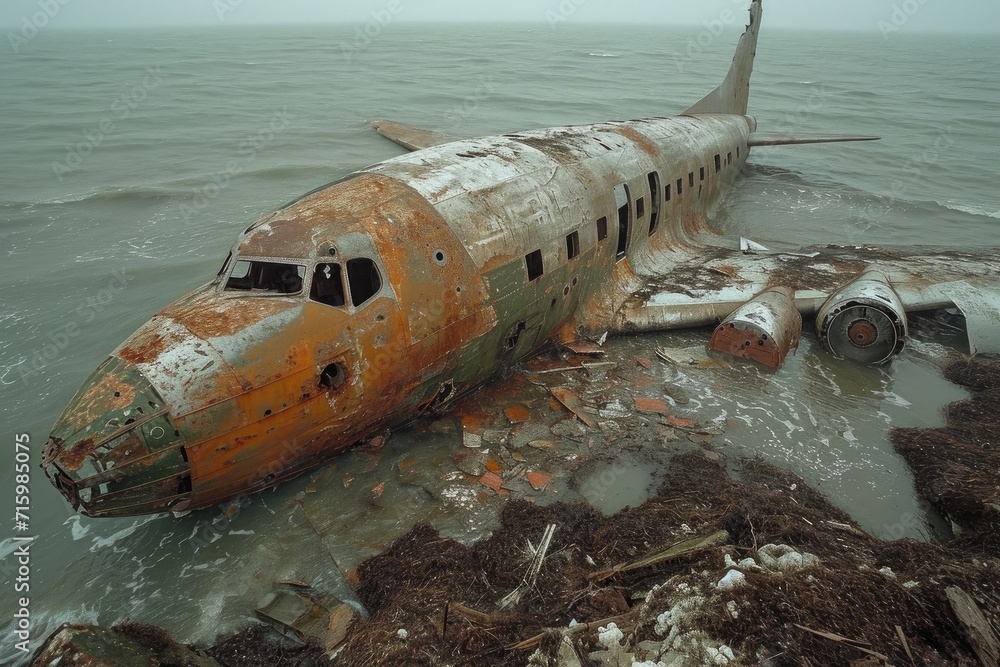 A stranded airplane sits on the sandy beach, its wings reaching towards ...