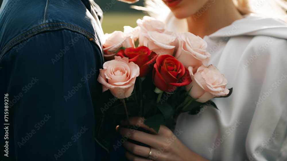 closeup of man hands give red roses, Man giving bunch of red roses to ...