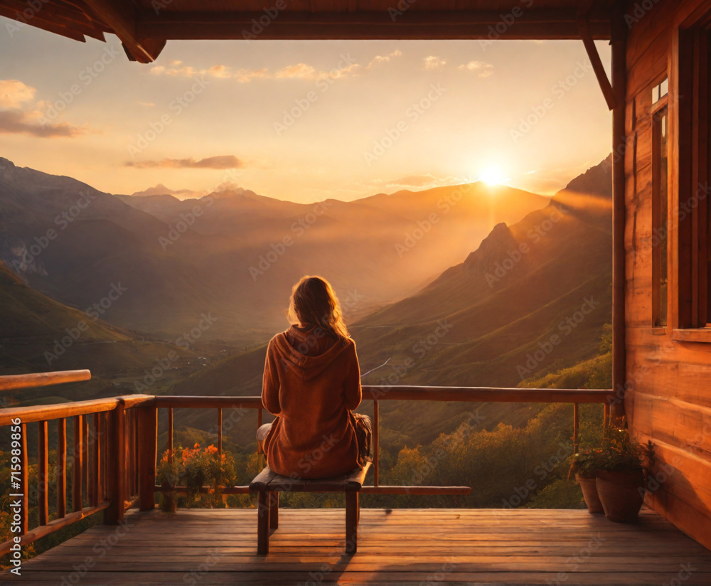 person watching the sunset, Picture from the back of a woman sitting on ...