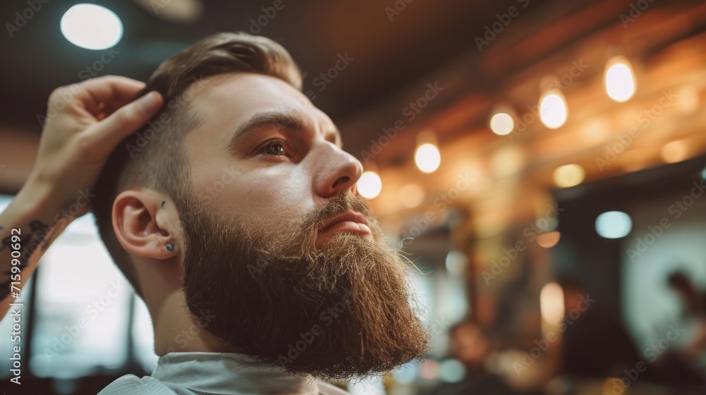 man with a big beard getting a haircut in a barbershop with a ...