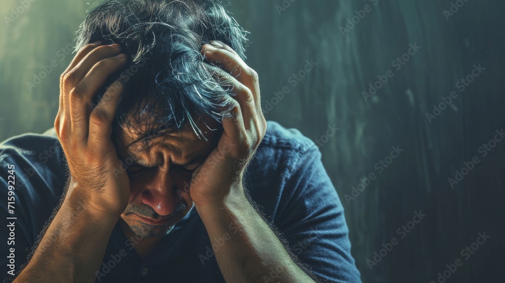 A troubled man contemplates his thoughts, his face contorted in deep ...