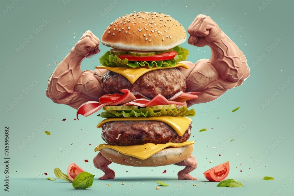 An anthropomorphic hamburger, complete with arms and legs, represents ...