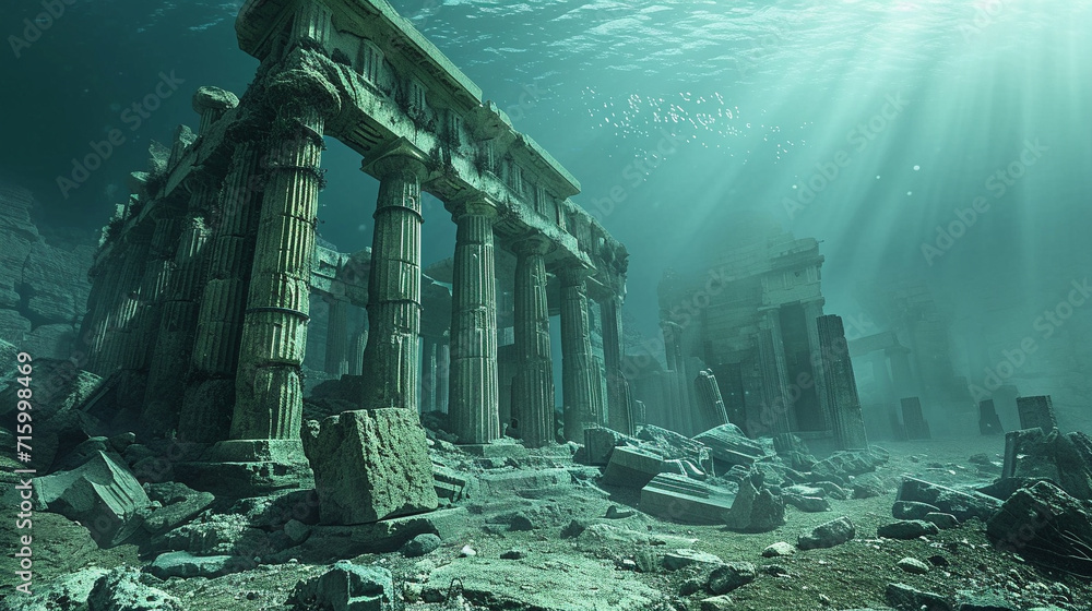 A haunting underwater view of an ancient Greek temple, its ruins lying ...