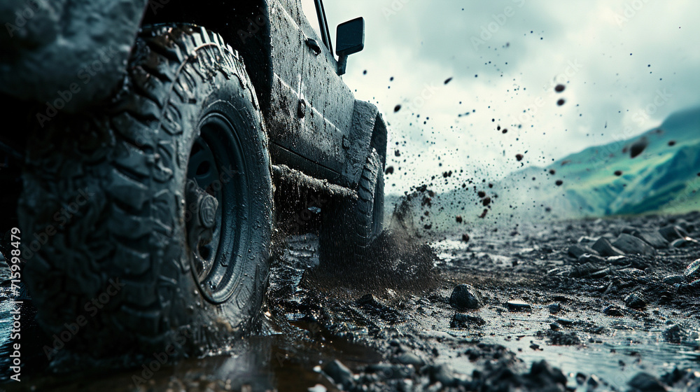 A dynamic and rugged off-road scene, featuring a powerful 4x4 vehicle ...