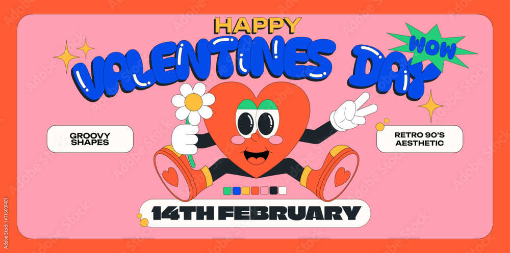 Cartoon poster characters heart. Groovy hippie heart card for Valentine ...