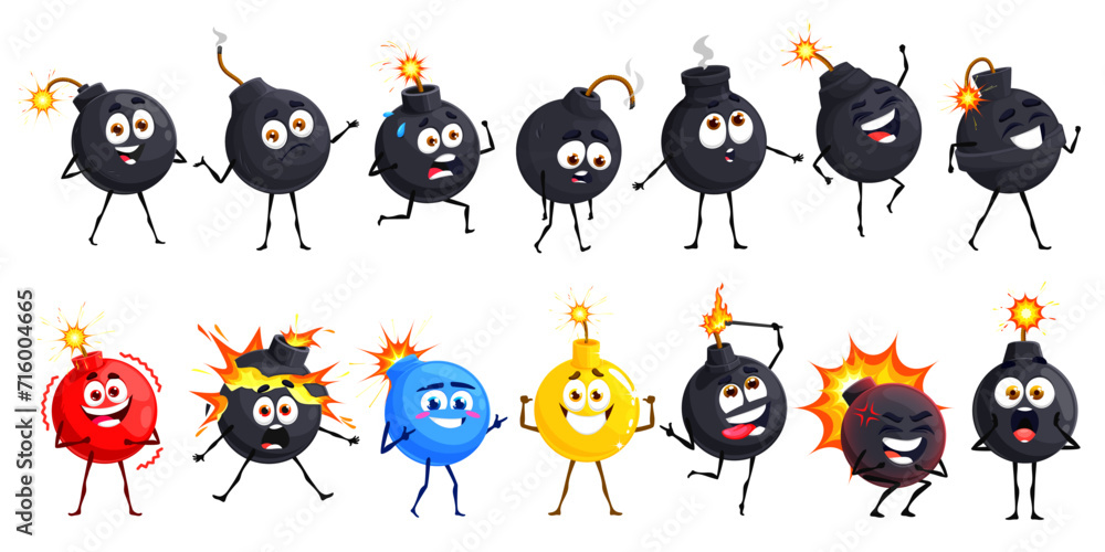 Cartoon bomb characters and wick fuse, explosive weapon personages with ...