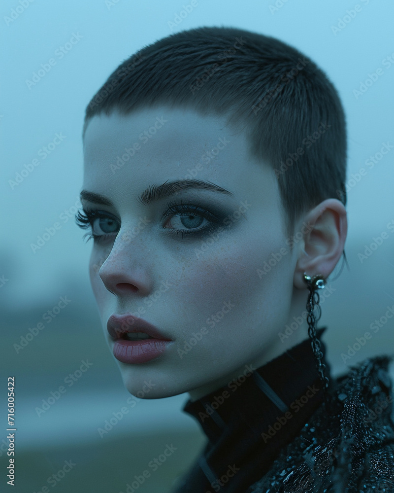 Young punk rock woman with a shaved head. Goth lifestyle. Rainy Coney ...