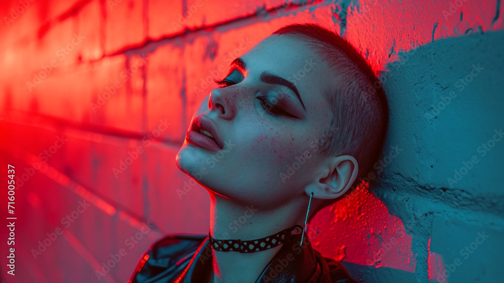 Young punk rock woman with a shaved head. Goth lifestyle. Neon ...